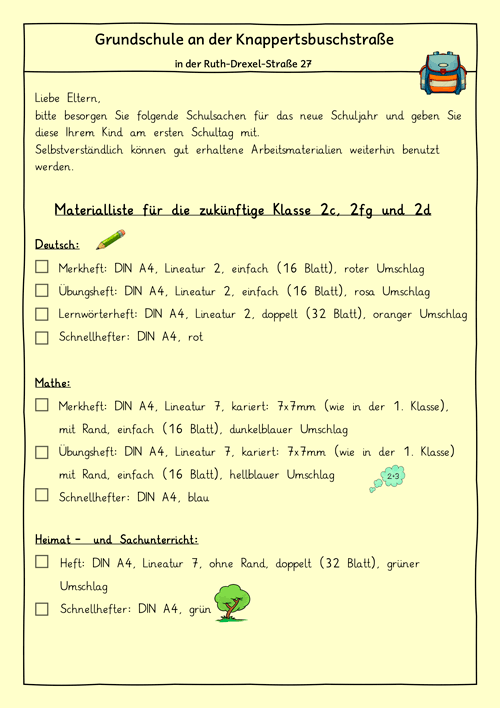 Grundschule an der Knappertsbuschstraße - Materialliste 2a